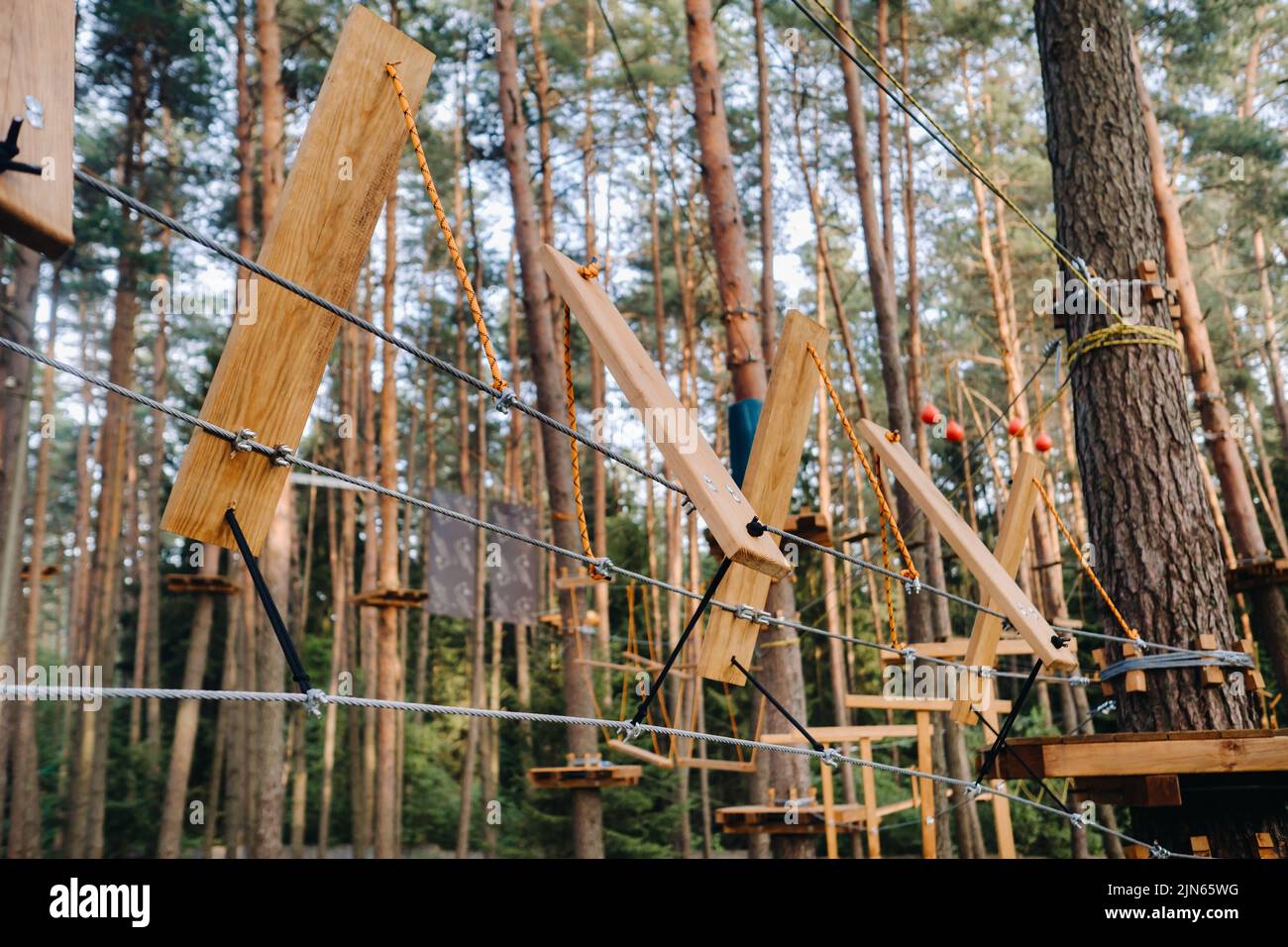 Elements of a rope town in the park. An empty rope town in the forest ...