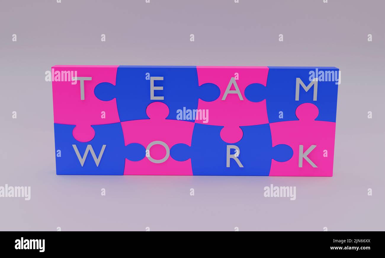 A 3d illustration of puzzle pieces written Team Work Stock Photo - Alamy