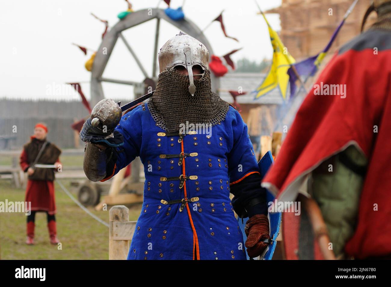 Reenactor man dressed in armor of an Old Rus footman reconstructing ...