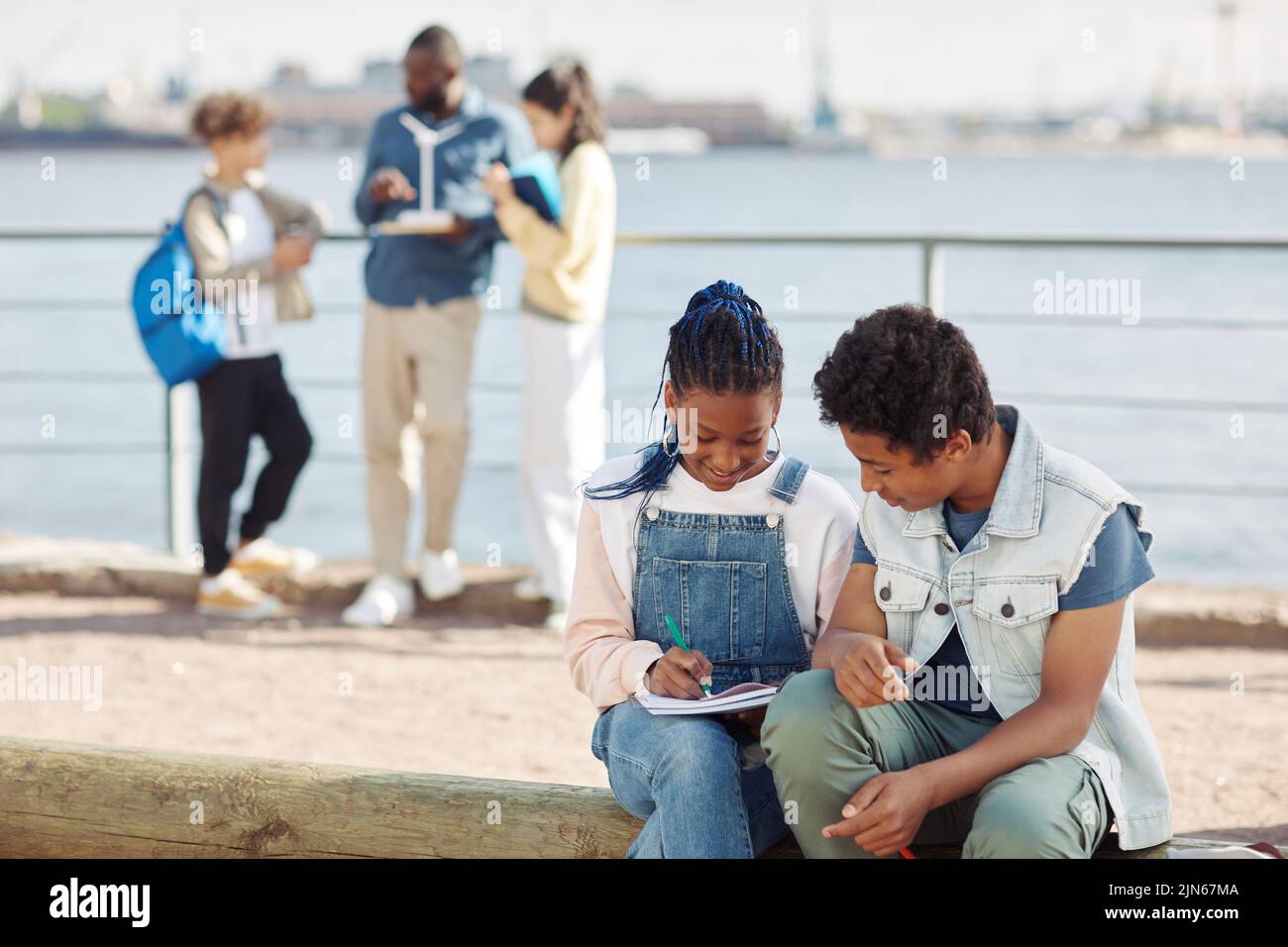 Portrait of two black teenagers writing in notebooks during outdoor ...