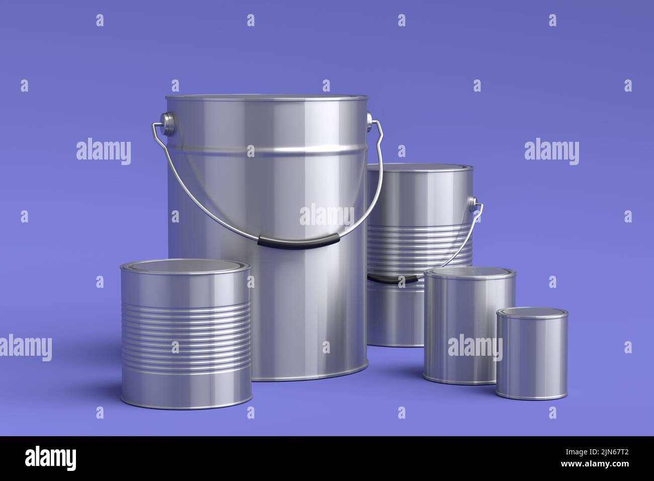 Set of metal cans or buckets of paint with handle on violet background ...