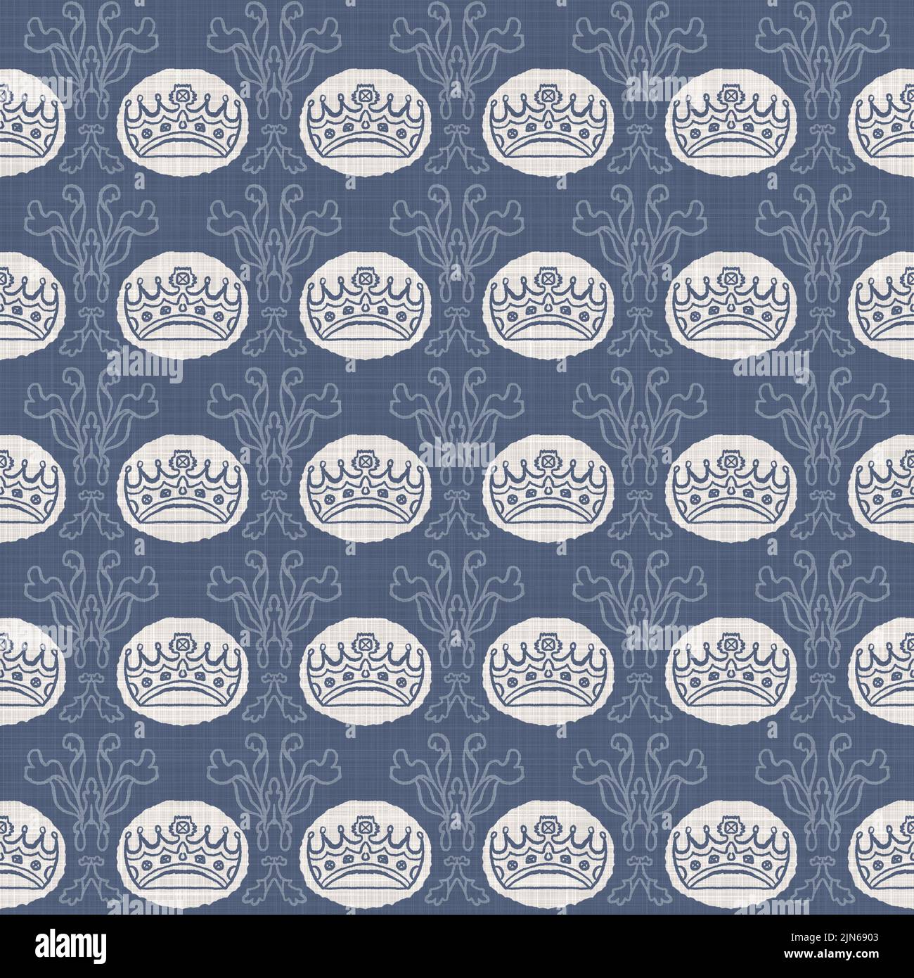 French blue crown motif seamless pattern. Tonal country cottage style ...