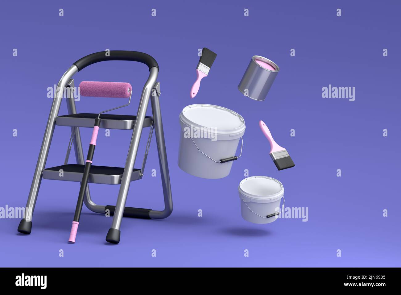 Set of metal cans or buckets with paint roller, brush and folding ...