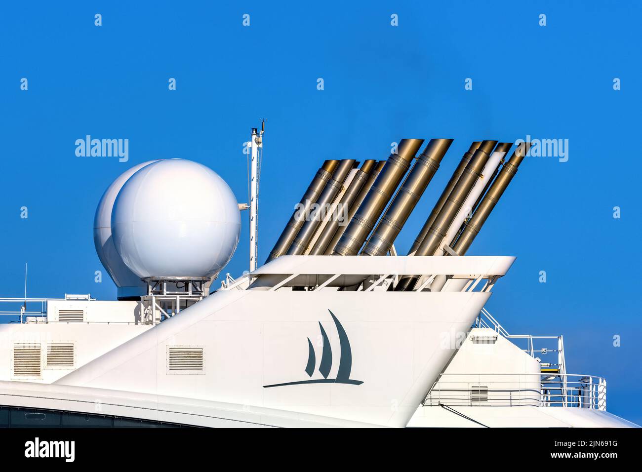 View of the funnel logo on the Ponant cruise ship Le Bellot - May 2022 ...