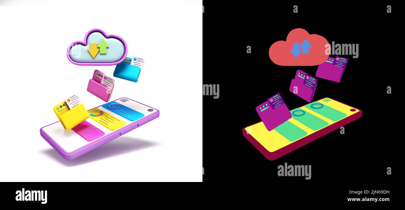 Cloud storage synchronization concept smartphone with file folders on screen 3d render with ...