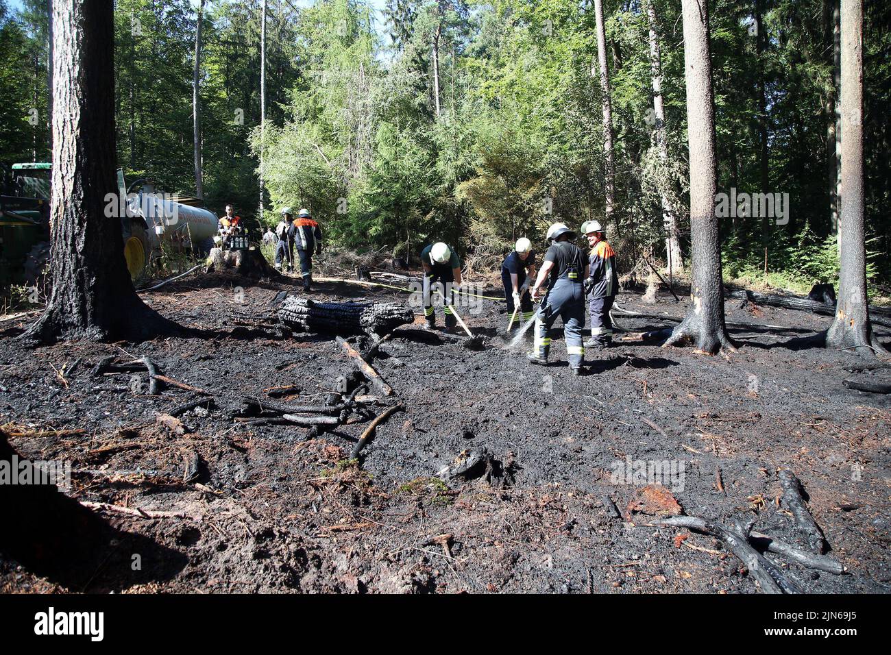 Eschau, Germany. 09th Aug, 2022. Firefighters stand on burnt forest ...