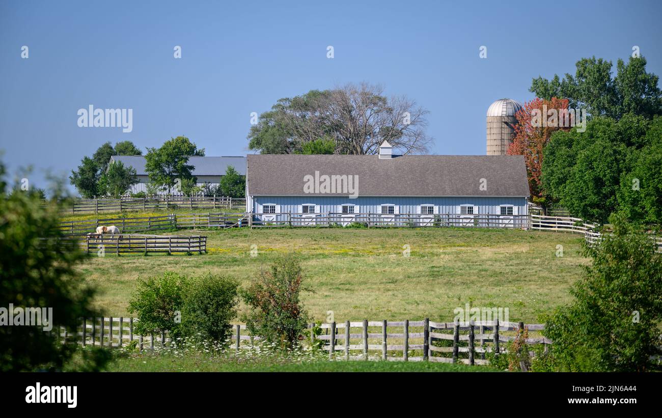 A farm with blue barns and a silo on a sunny day Stock Photo - Alamy