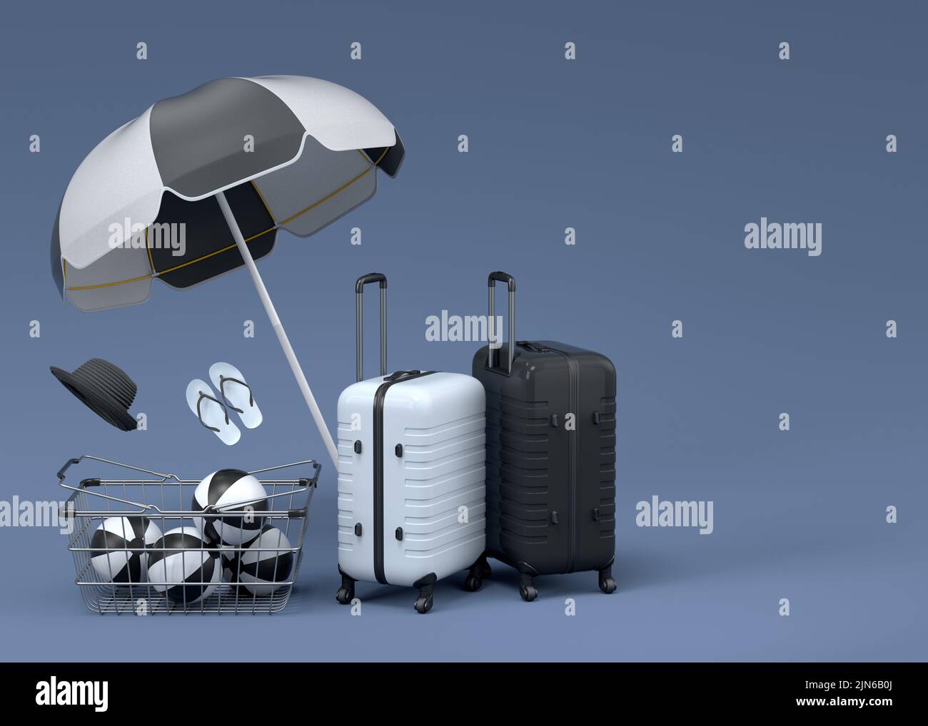 Colorful luggage with beach accessories and shopping basket flying on black and white background ...