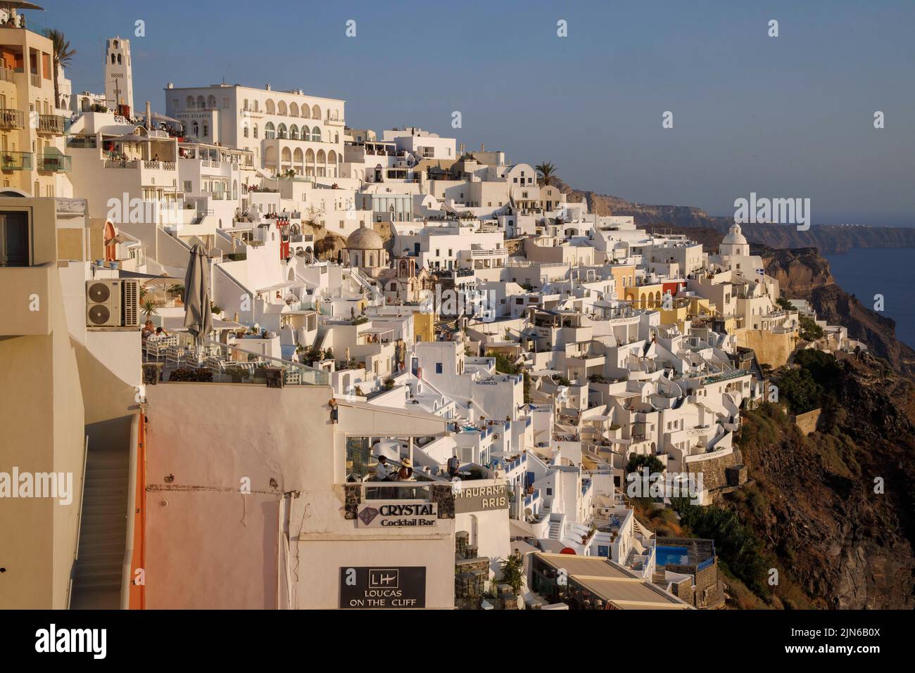 The town of Fira or Thira on the Cycladic island of Santorini in the ...