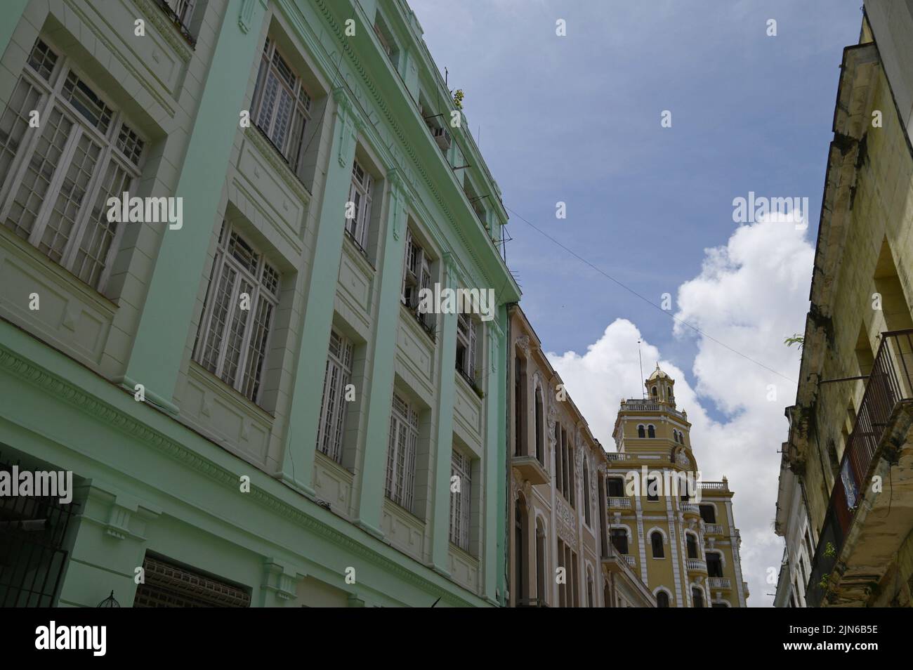 Cityscape with scenic view of historic Colonial buildings on Calle ...