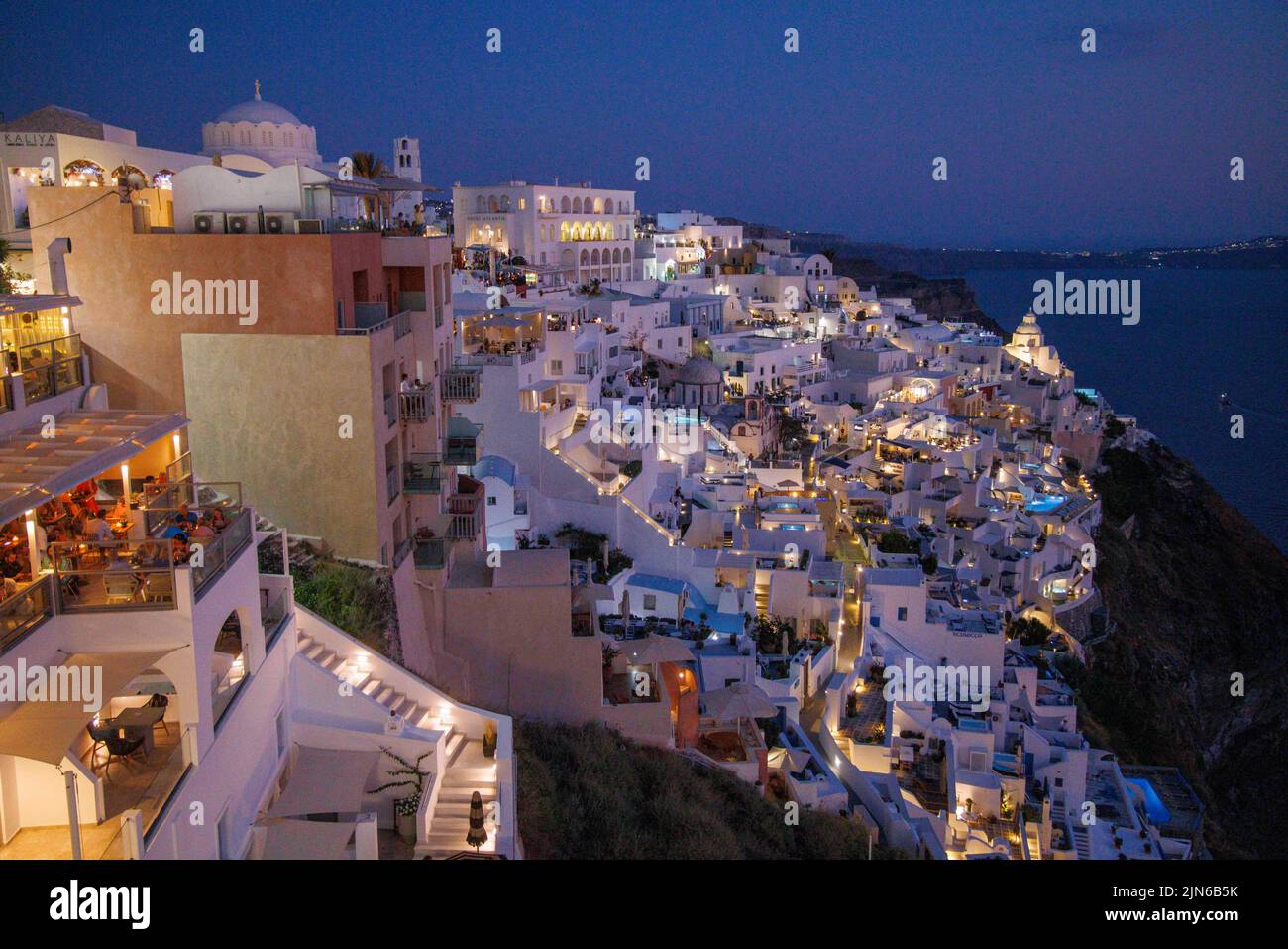 The town of Fira or Thira on the Cycladic island of Santorini in the ...