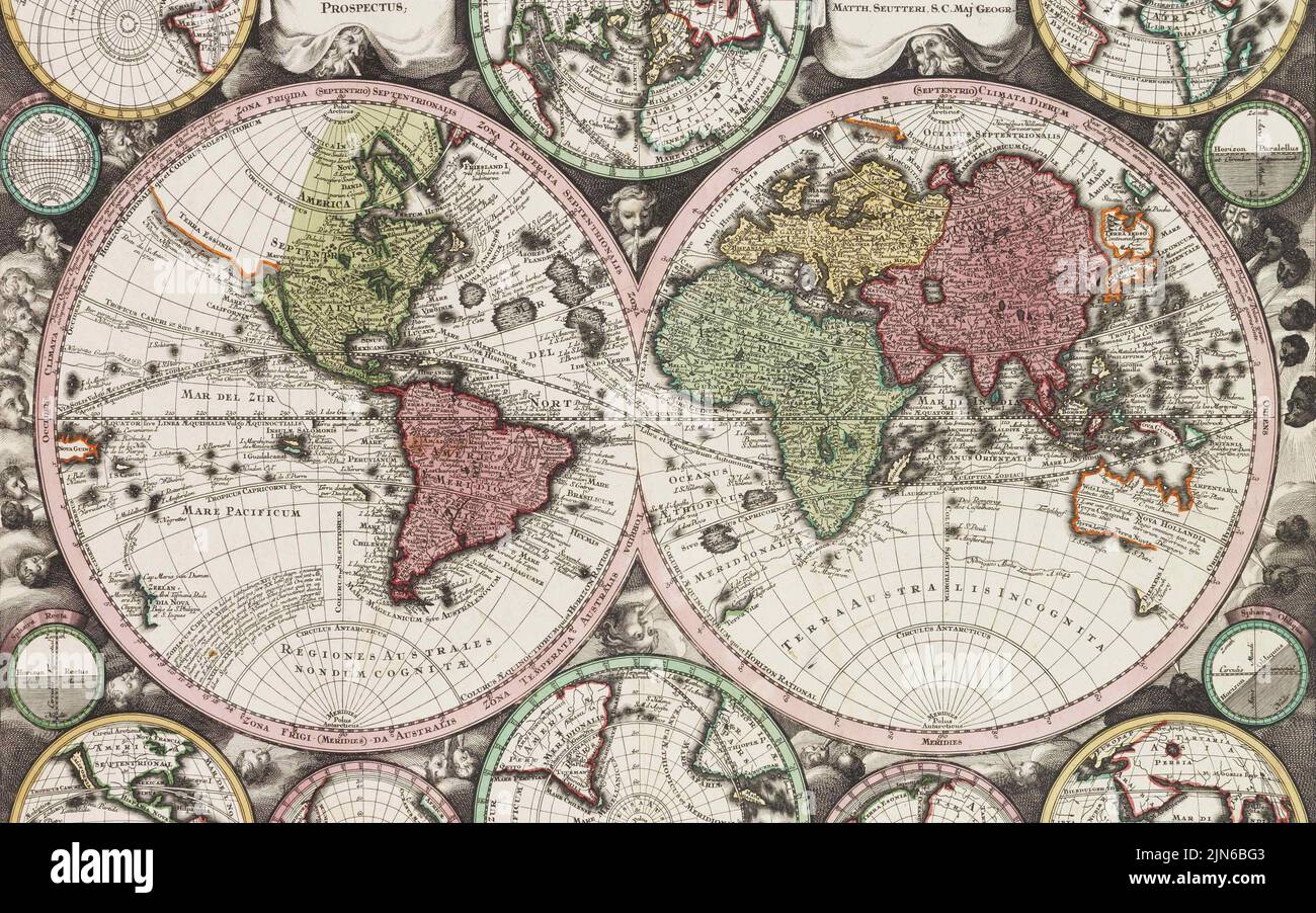 Old map of the world with illustrations with colored continents Stock ...