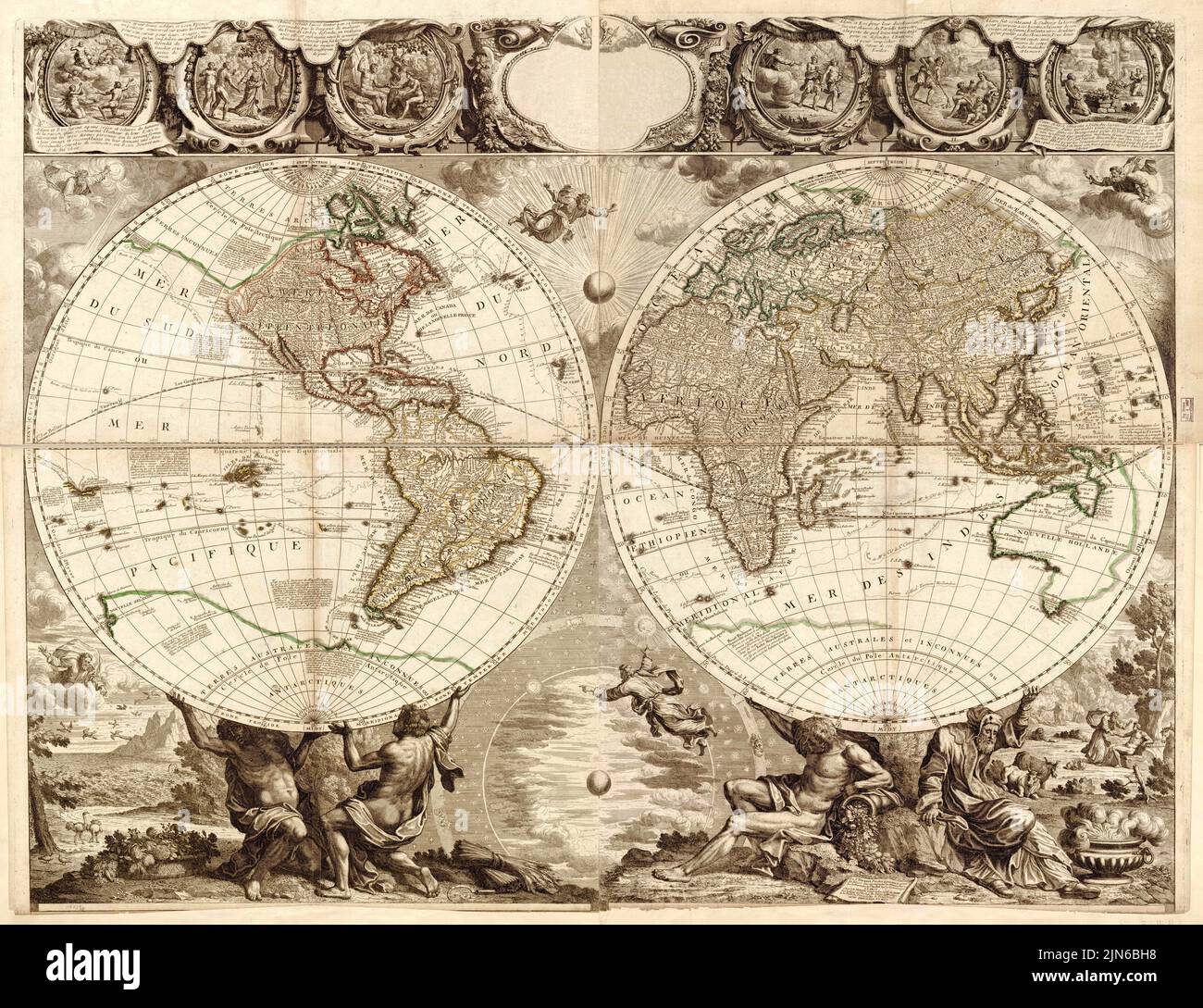 Old map of the world with illustrations, in sepia Stock Photo - Alamy