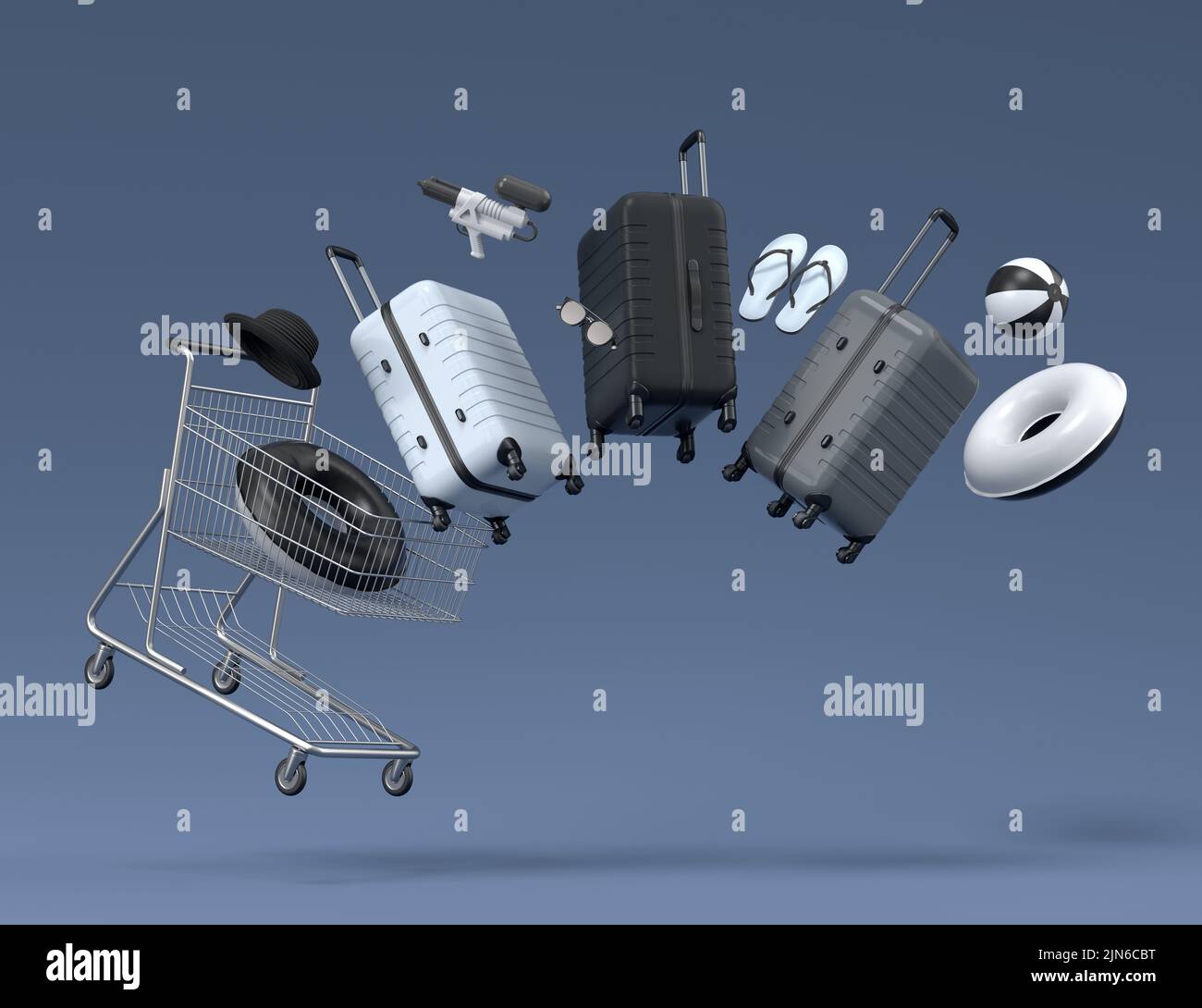 Colorful luggage with beach accessories in shopping trolley flying on ...