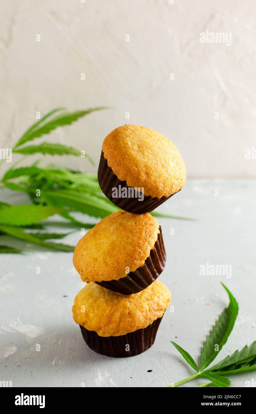 Three Marijuana cupcake muffins with cannabis leaves. Gluten free ...