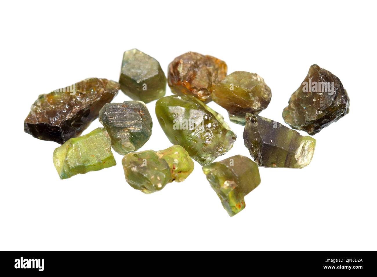 Closeup natural rough uncut green sapphires gemstone on white ...