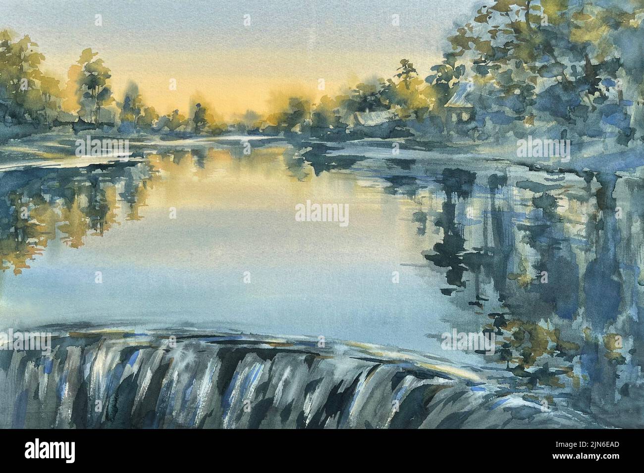 Evening landscape by the river weir watercolor background Stock Photo ...