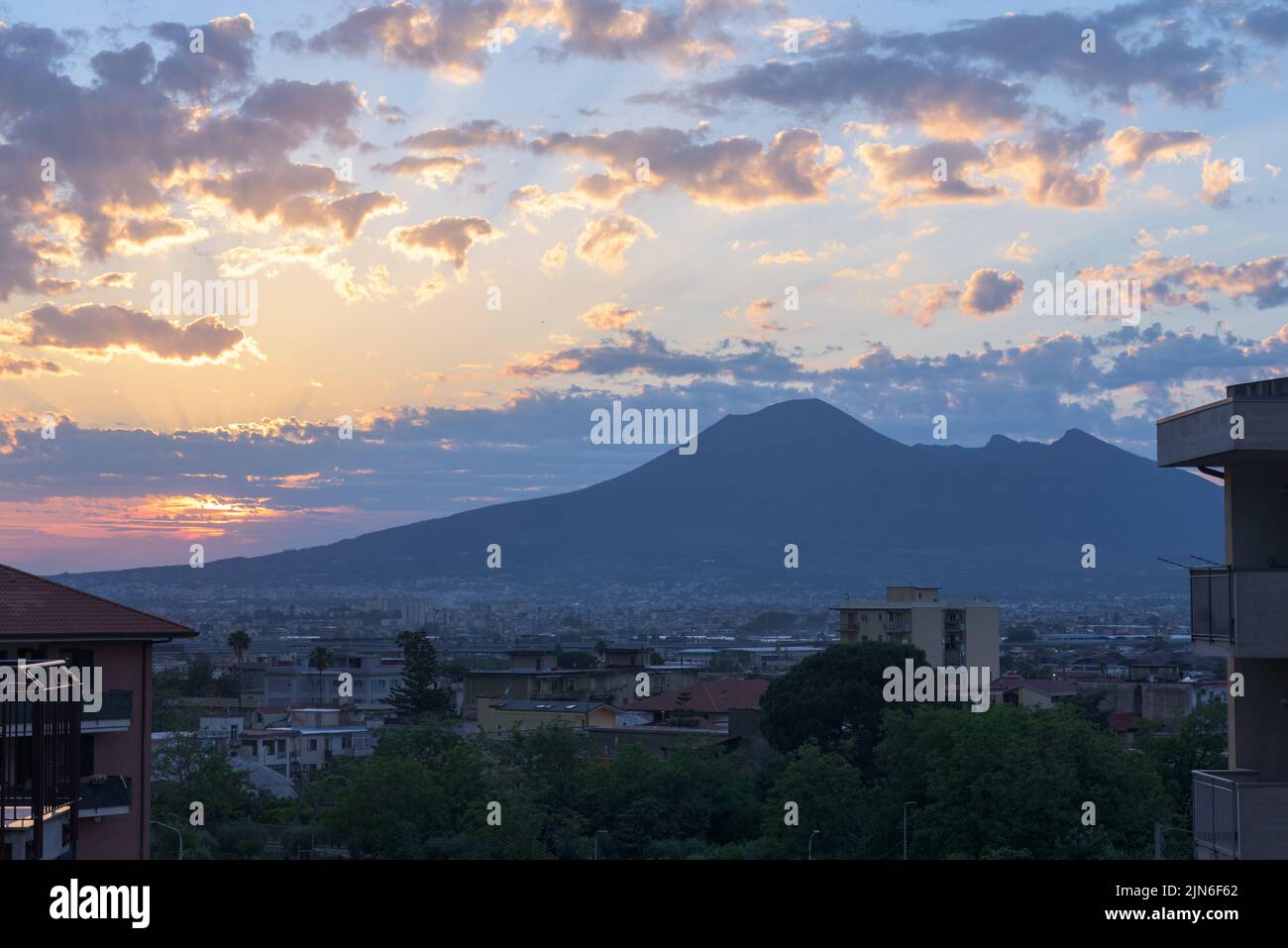Angri, Italy. View of the south-east side of Mount Vesuvius at sunset ...