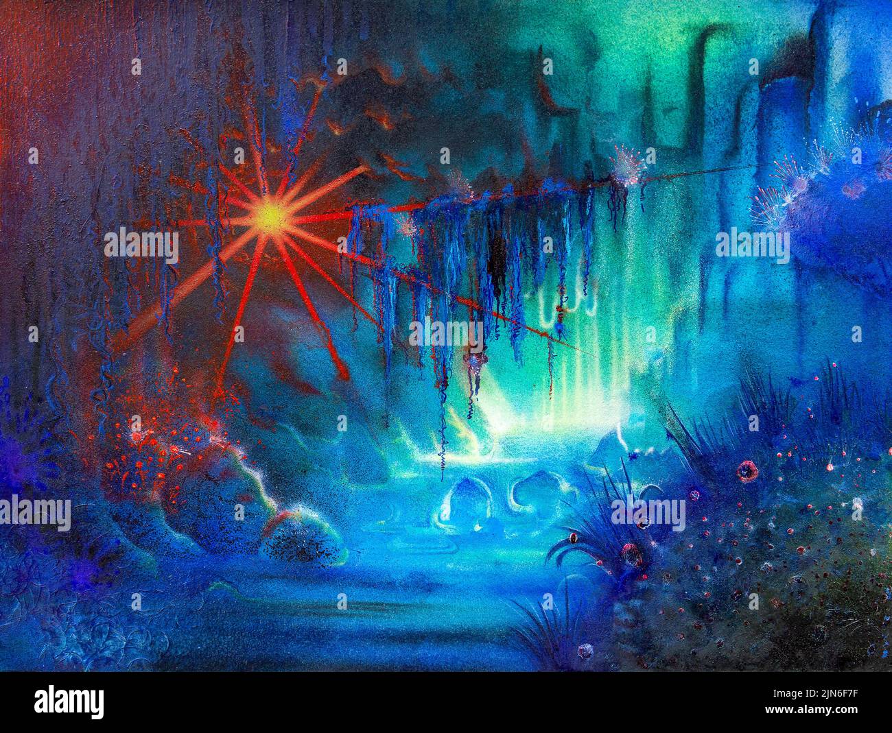 Surreal illustration of a cave-like underworld scenery with strange ...