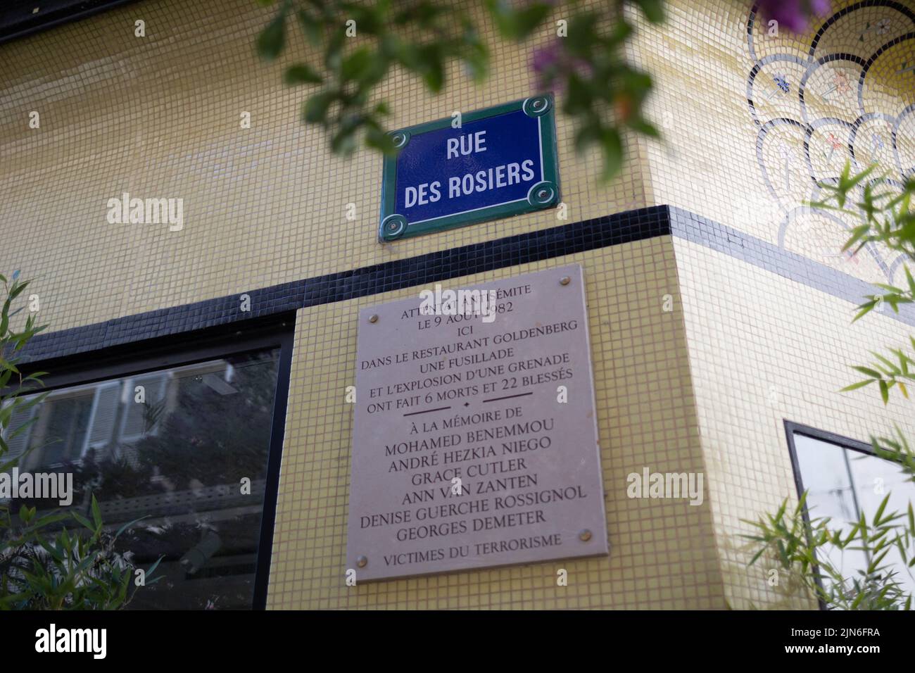 Rue Des Rosiers plaque during the ceremony marking the 40th anniversary ...