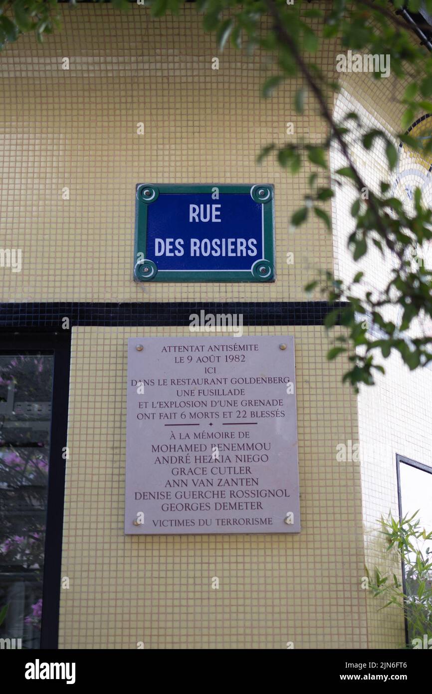 Rue Des Rosiers plaque during the ceremony marking the 40th anniversary ...