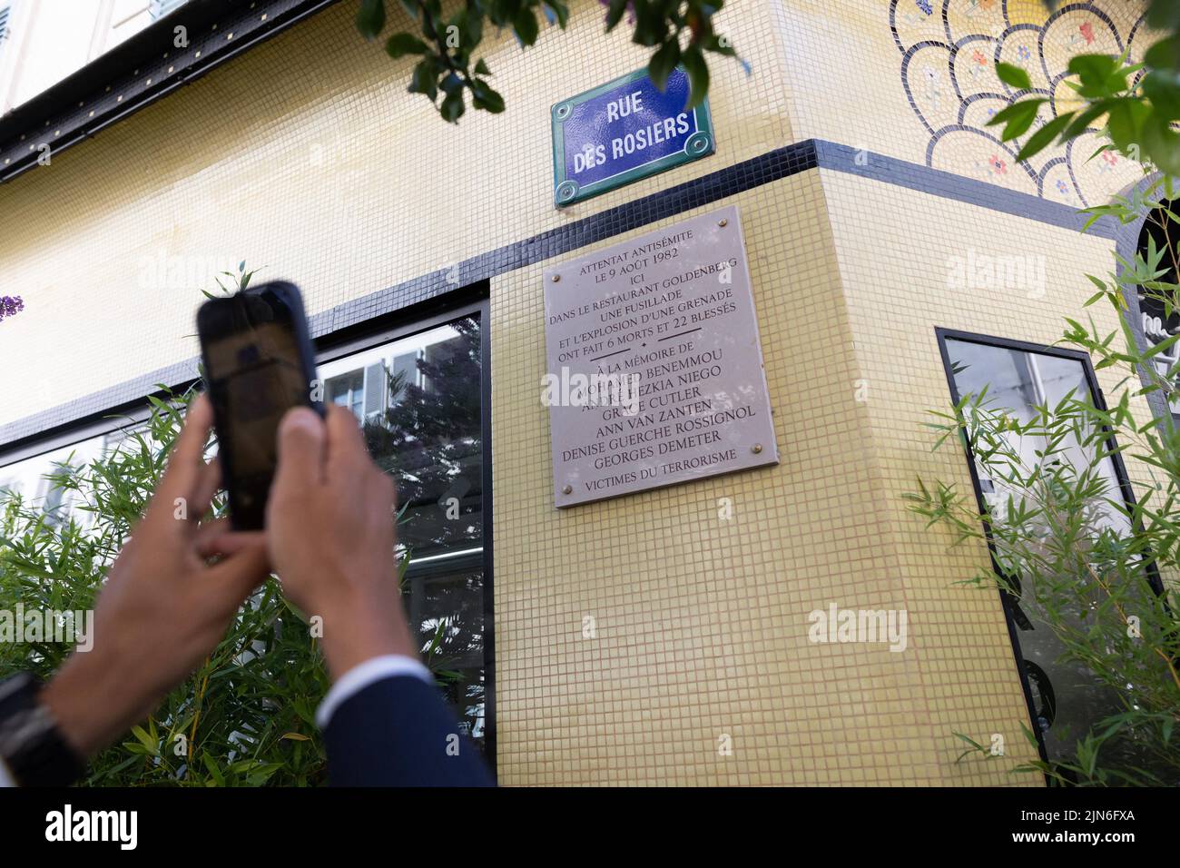 Rue Des Rosiers plaque during the ceremony marking the 40th anniversary ...