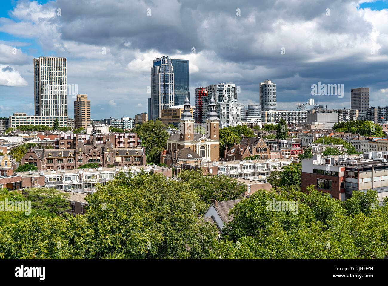 The skyline of Rotterdam, city centre, buildings around the Delftse ...