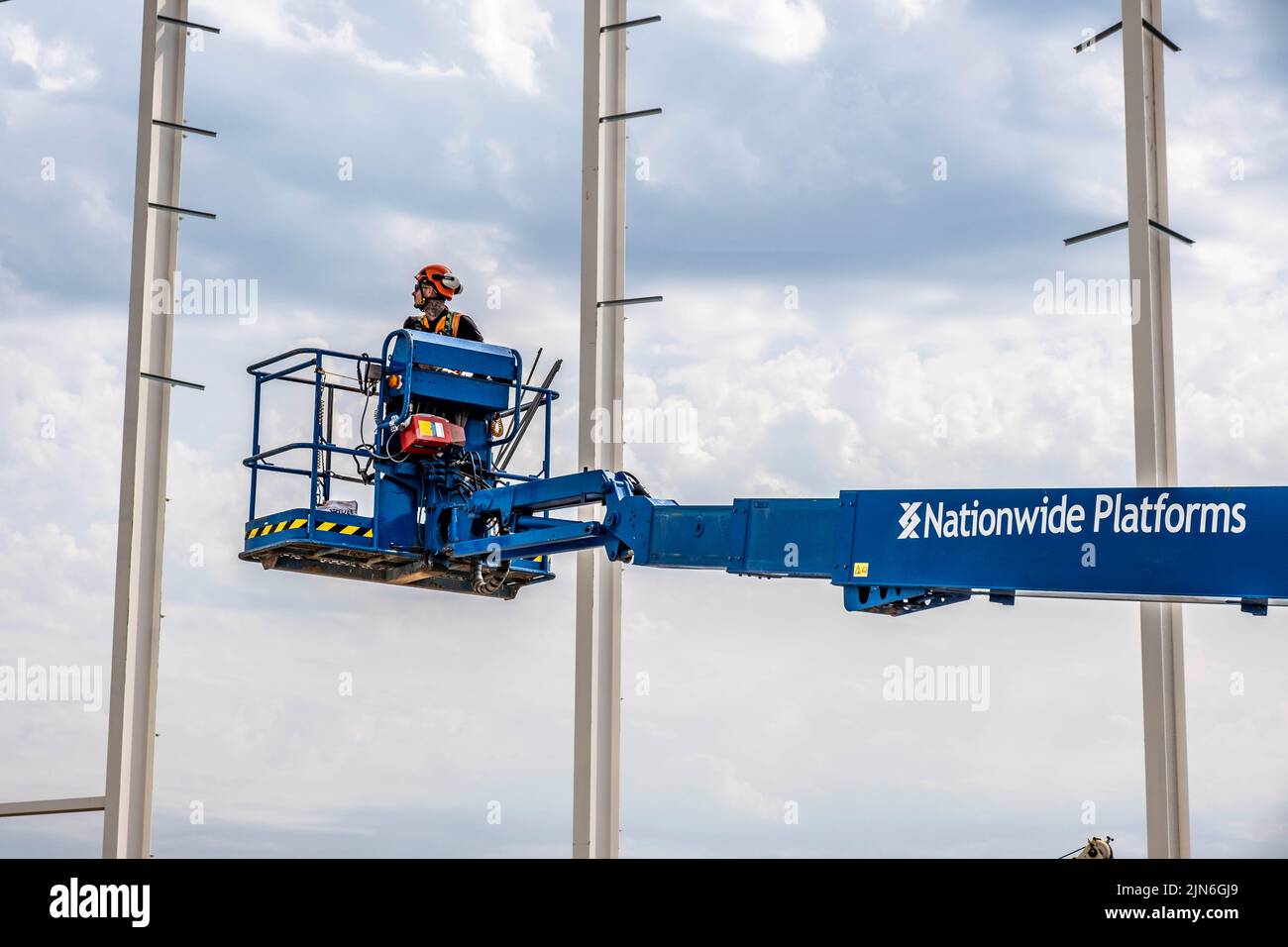 Building construction showing steel beams and working at height Stock ...