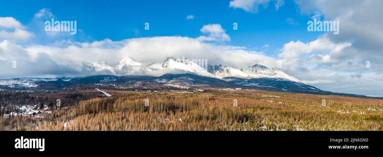 Aerial drone panoramic view of High Tatras mountain range (Vysoke Tatry ...