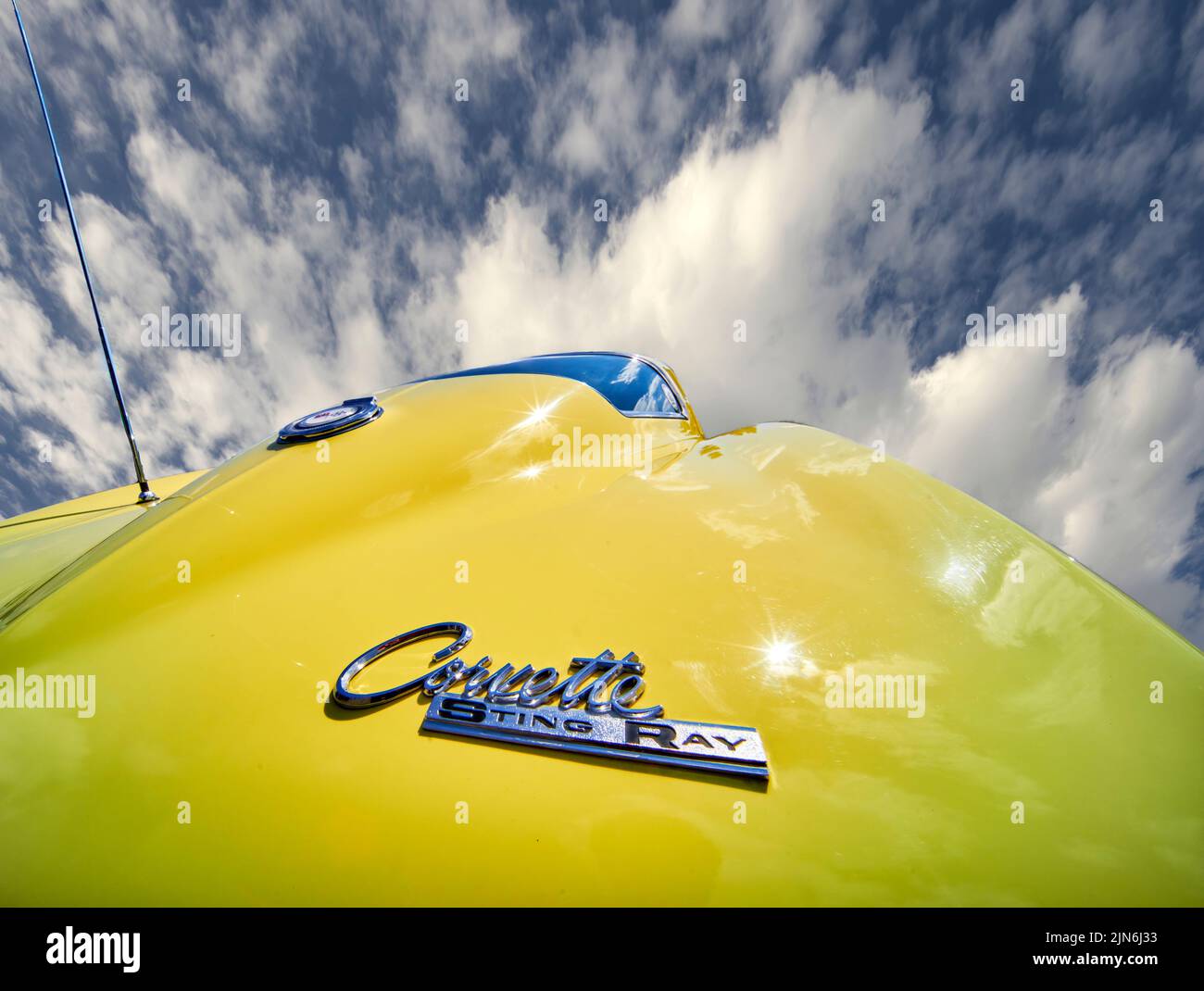 Corvette Stingray lettering and logo of the classic car on yellow paint ...