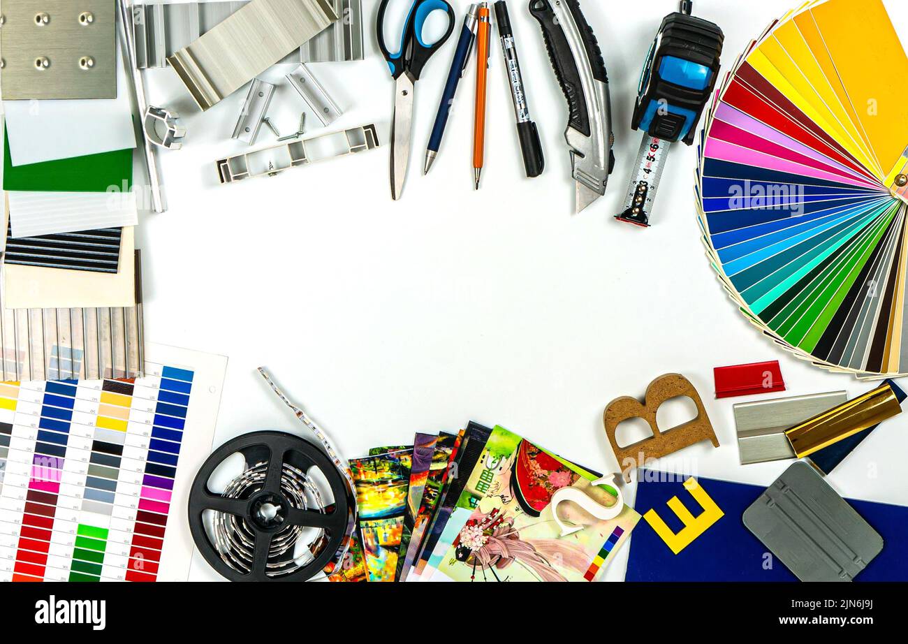 Outdoor advertising agency tools, accessories and material samples ...