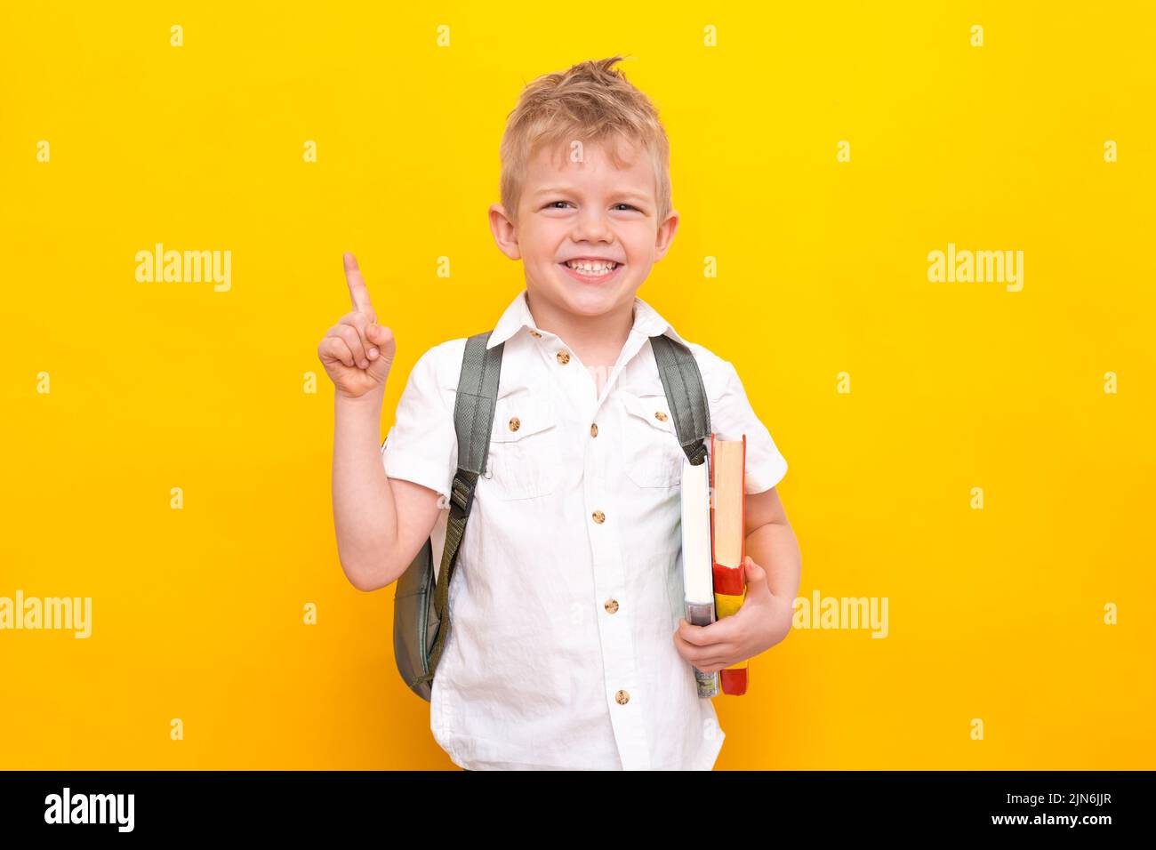 Back to school. Portrait of little blonde boy elementary school with ...