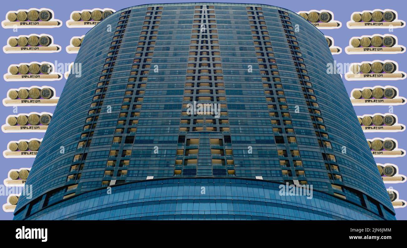 Collage of office building and euro coin with word inflation. Propery ...