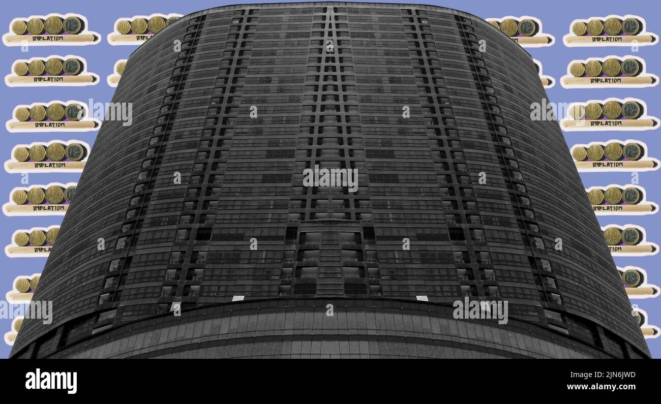 Collage of office building and euro coin with word inflation. Propery ...