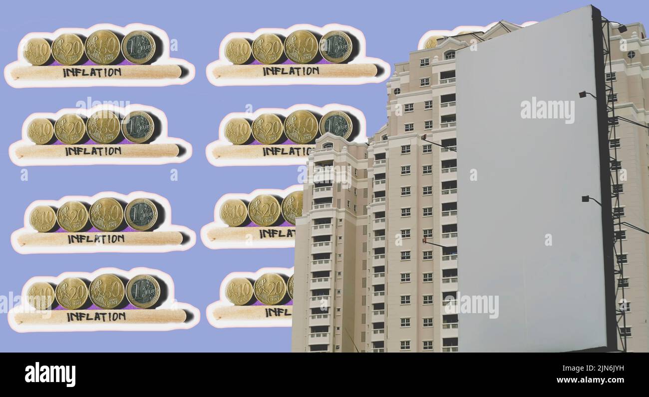 Collage of apartment building, billboard and euro coin with word ...