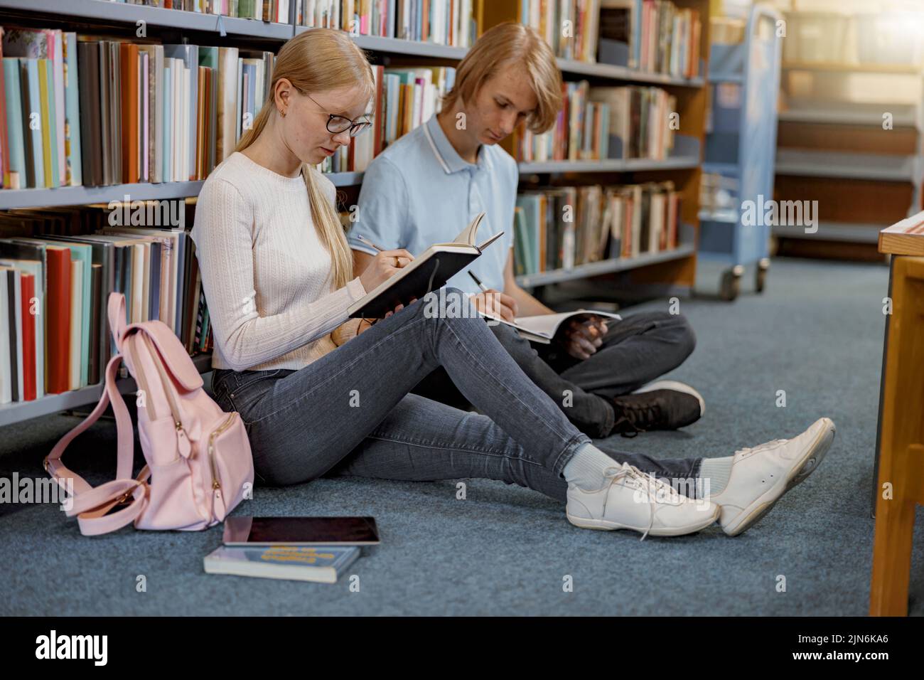 Friends student sit on floor near bookshelves in library and studying ...