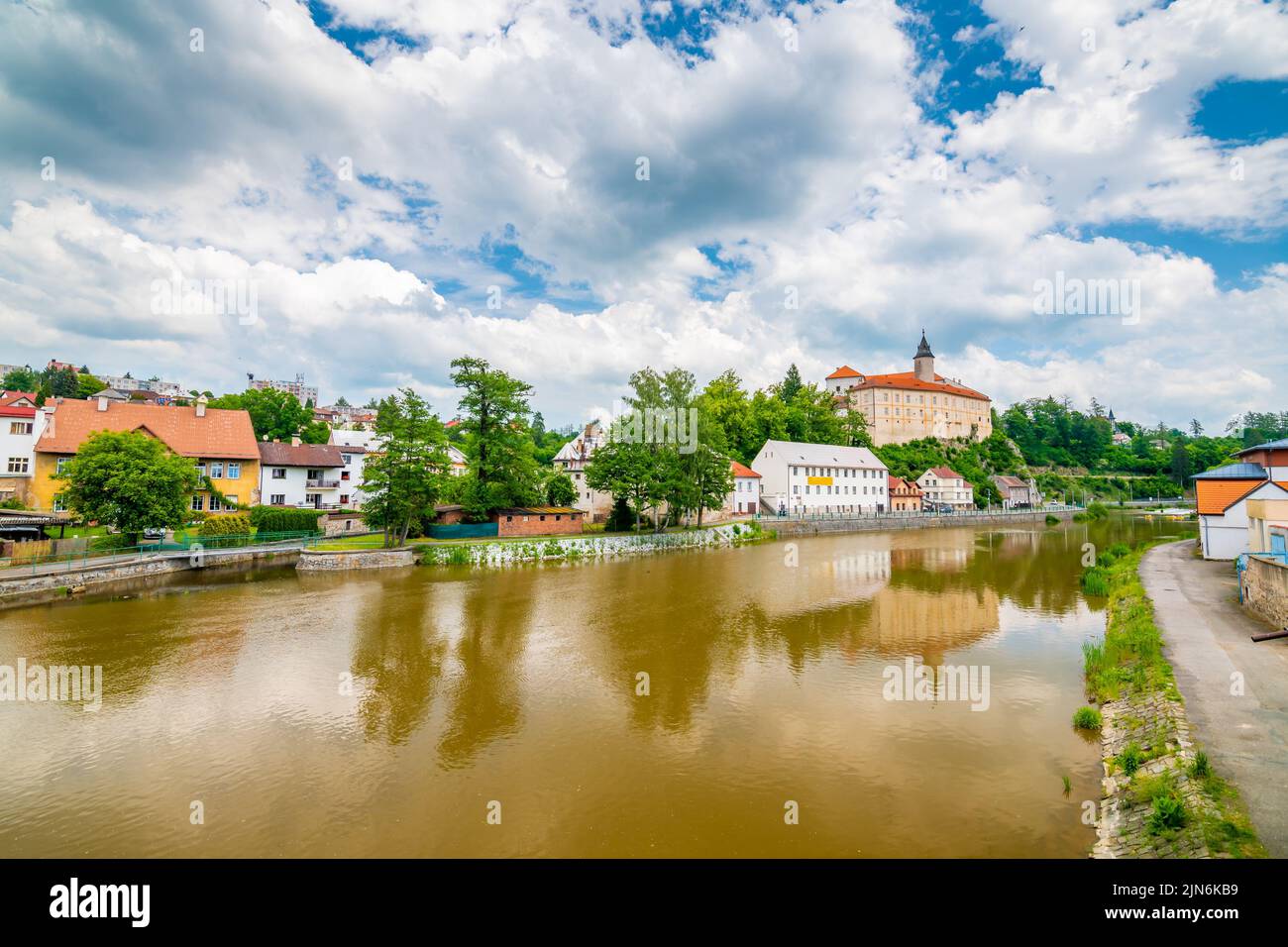 Panoramic view of castle above river in Ledec nad Sazavou. Sazava river ...