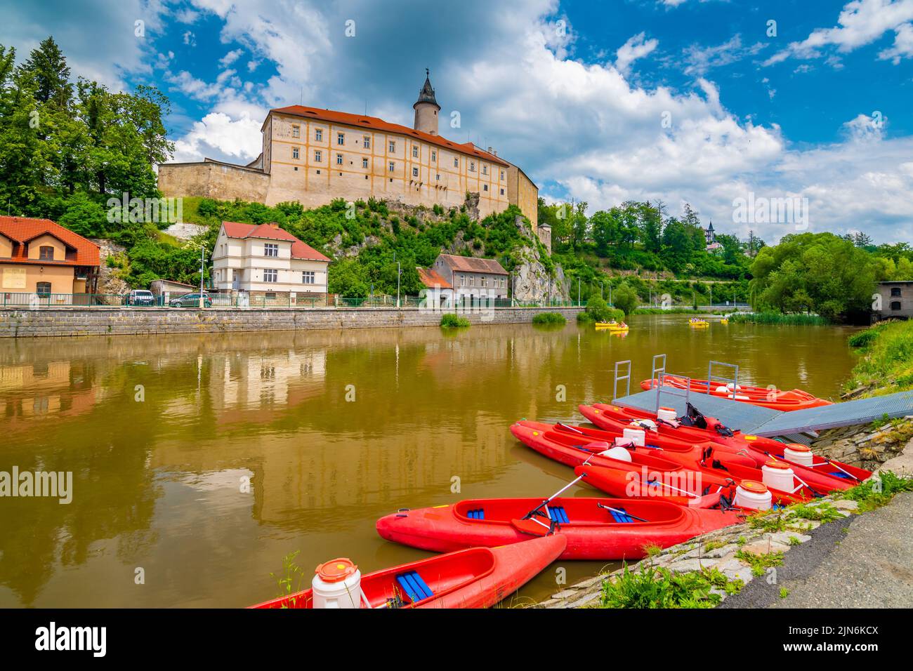 Panoramic view of castle above river in Ledec nad Sazavou. Sazava river ...