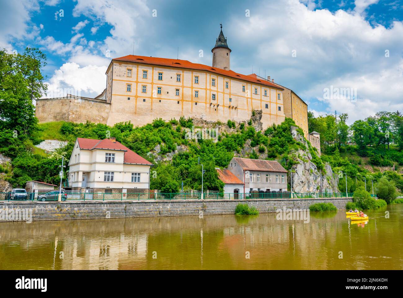 Panoramic view of castle above river in Ledec nad Sazavou. Sazava river ...