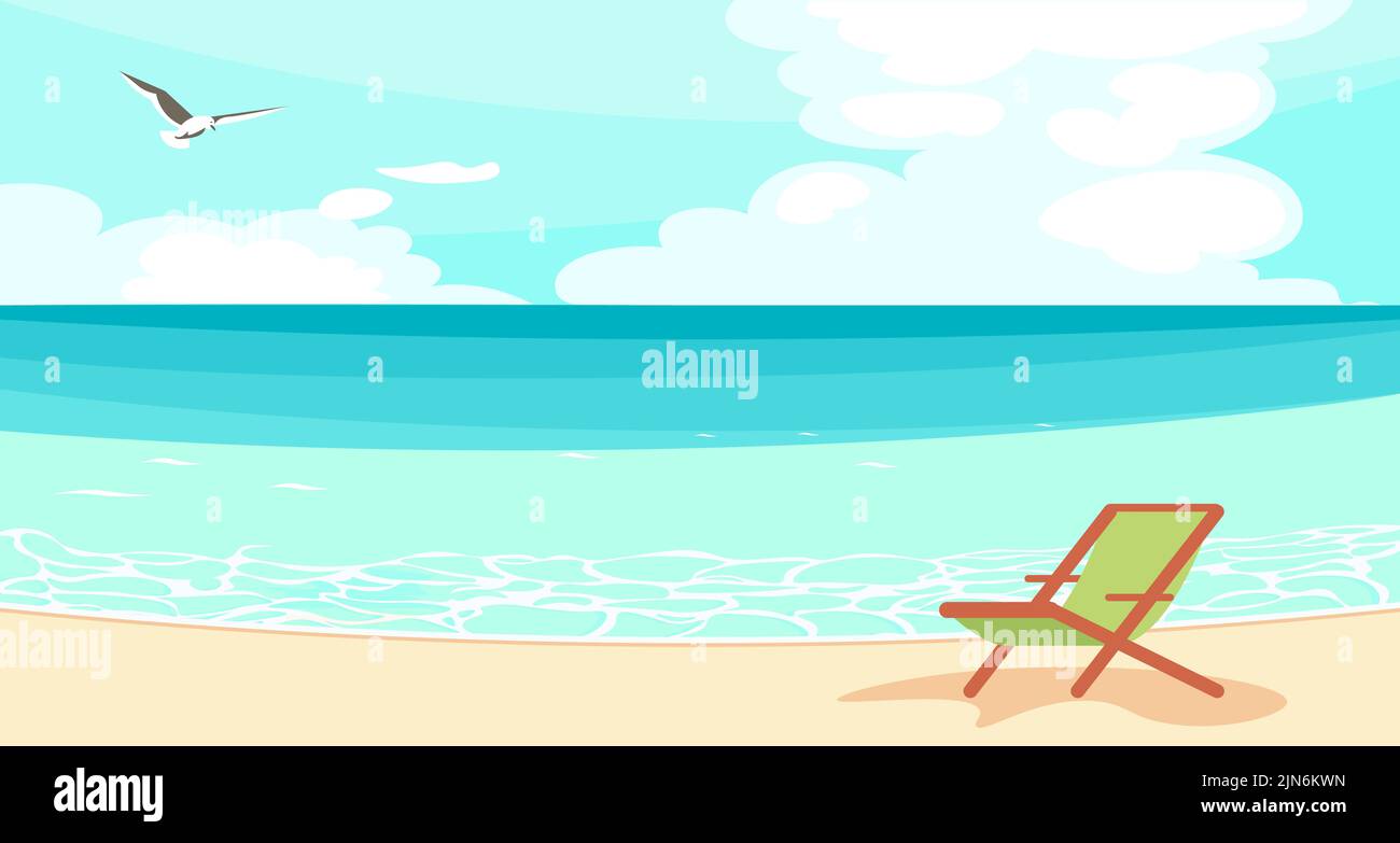Horizontal banner of abstract seascape with sun lounger and seagull ...