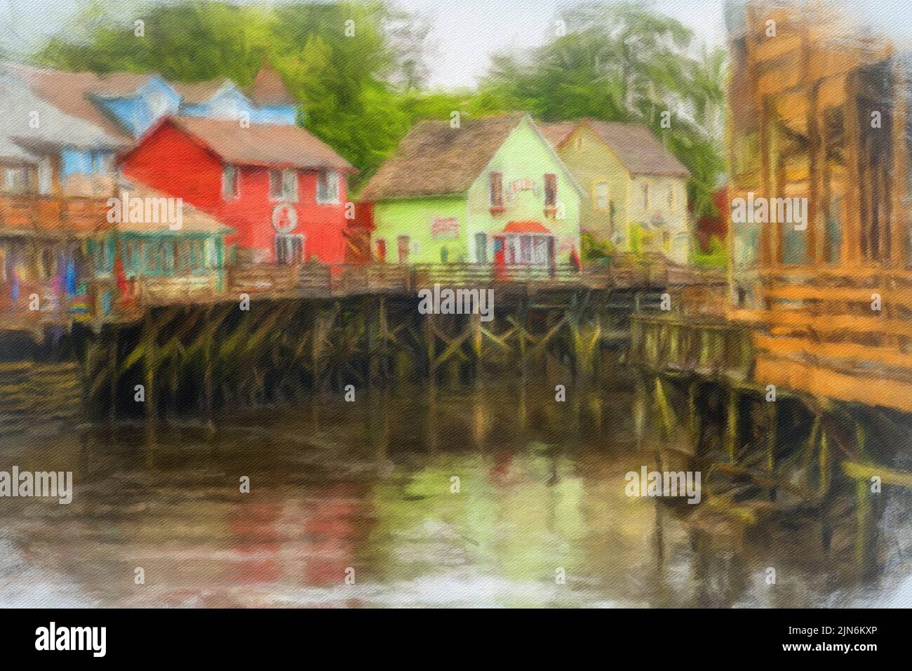 Impressionistic painting of the famous Creek Street boardwalk and shops ...