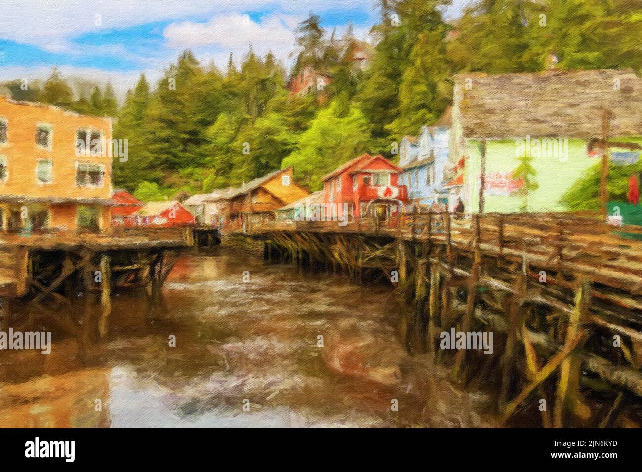 Impressionistic oil painting of the famous Creek Street boardwalk and ...