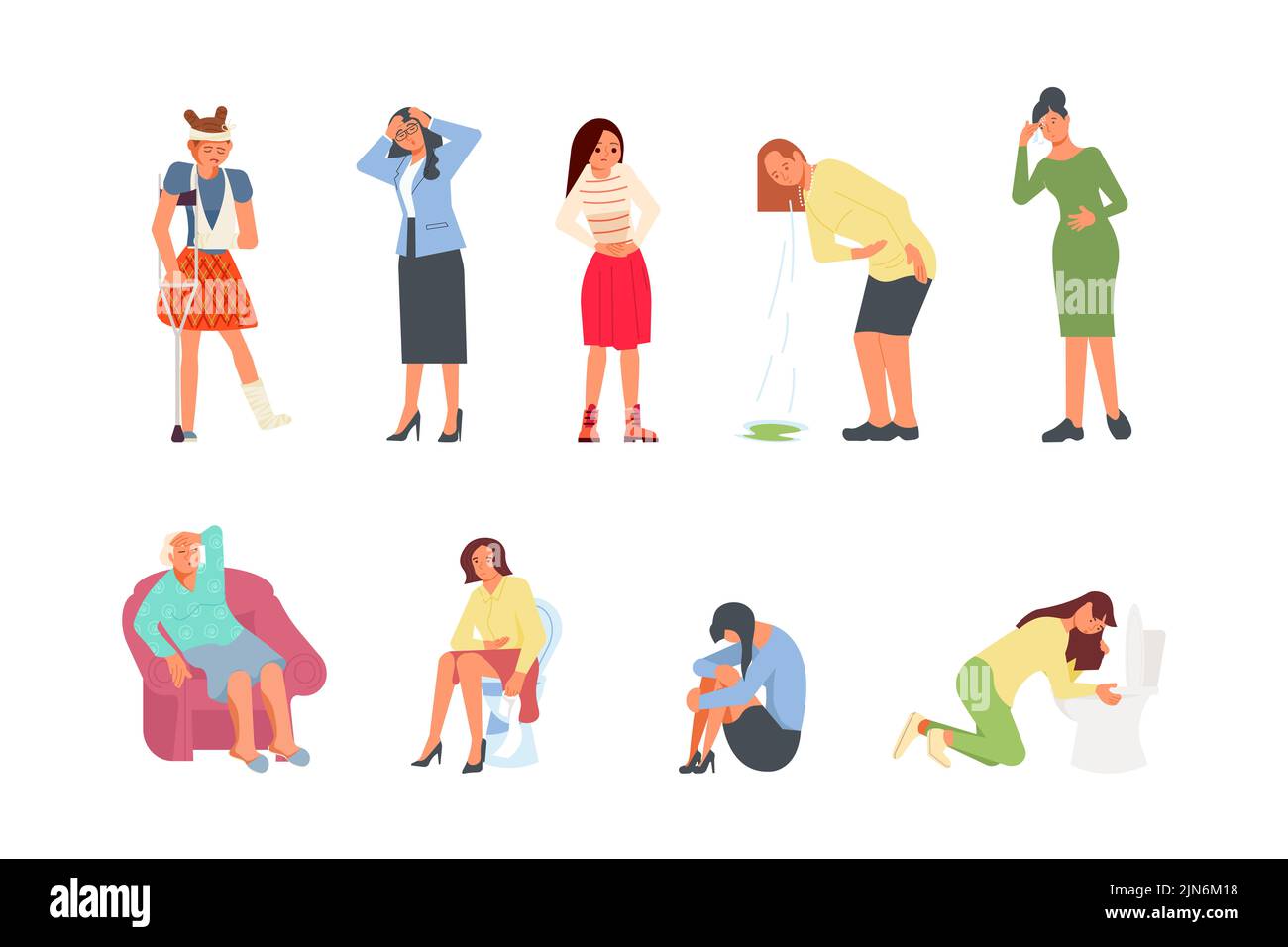 Set of ill sick women isolated on white background. Bundle of unhappy ...