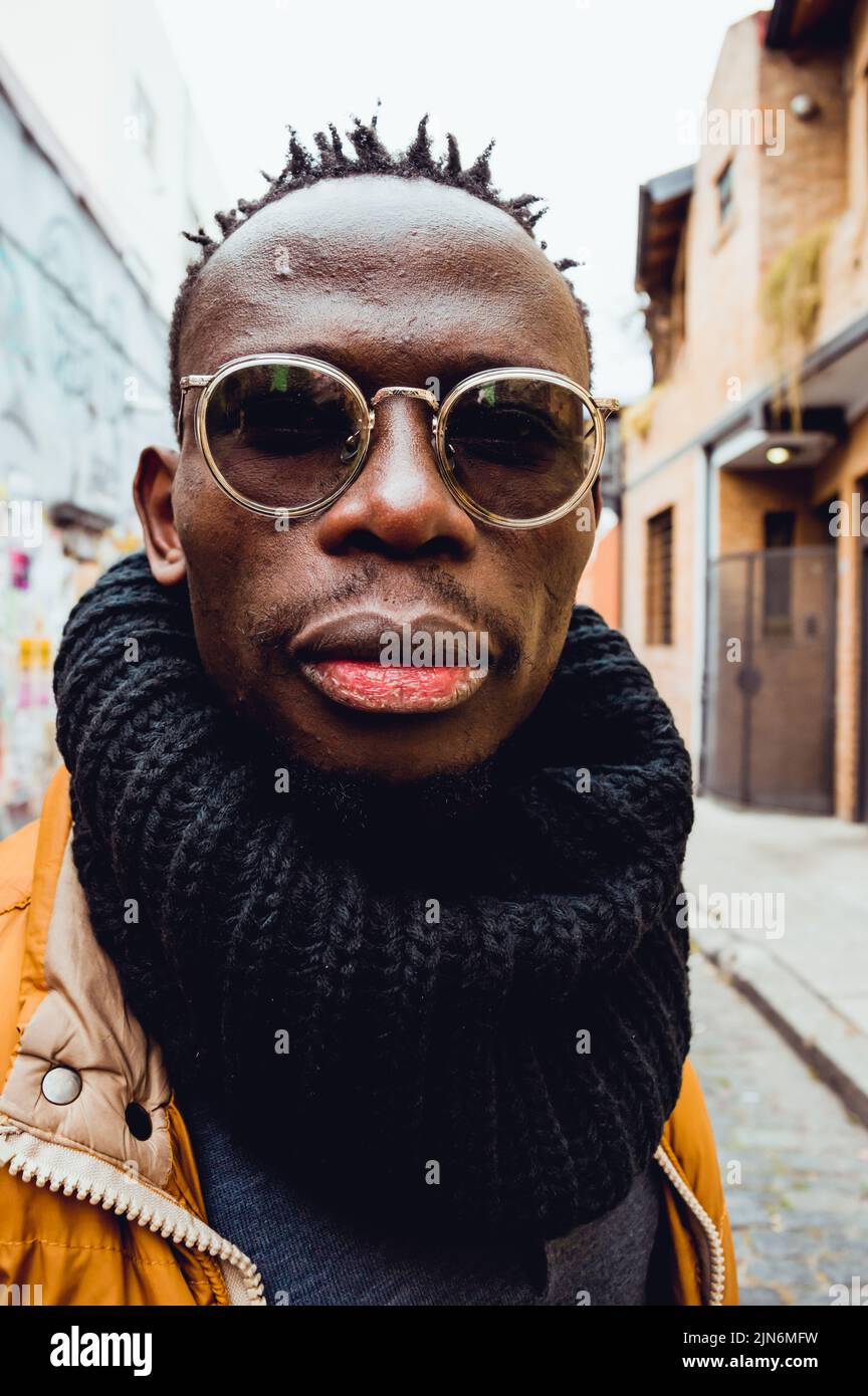 close up vertical portrait of serious african man outdoors Stock Photo ...