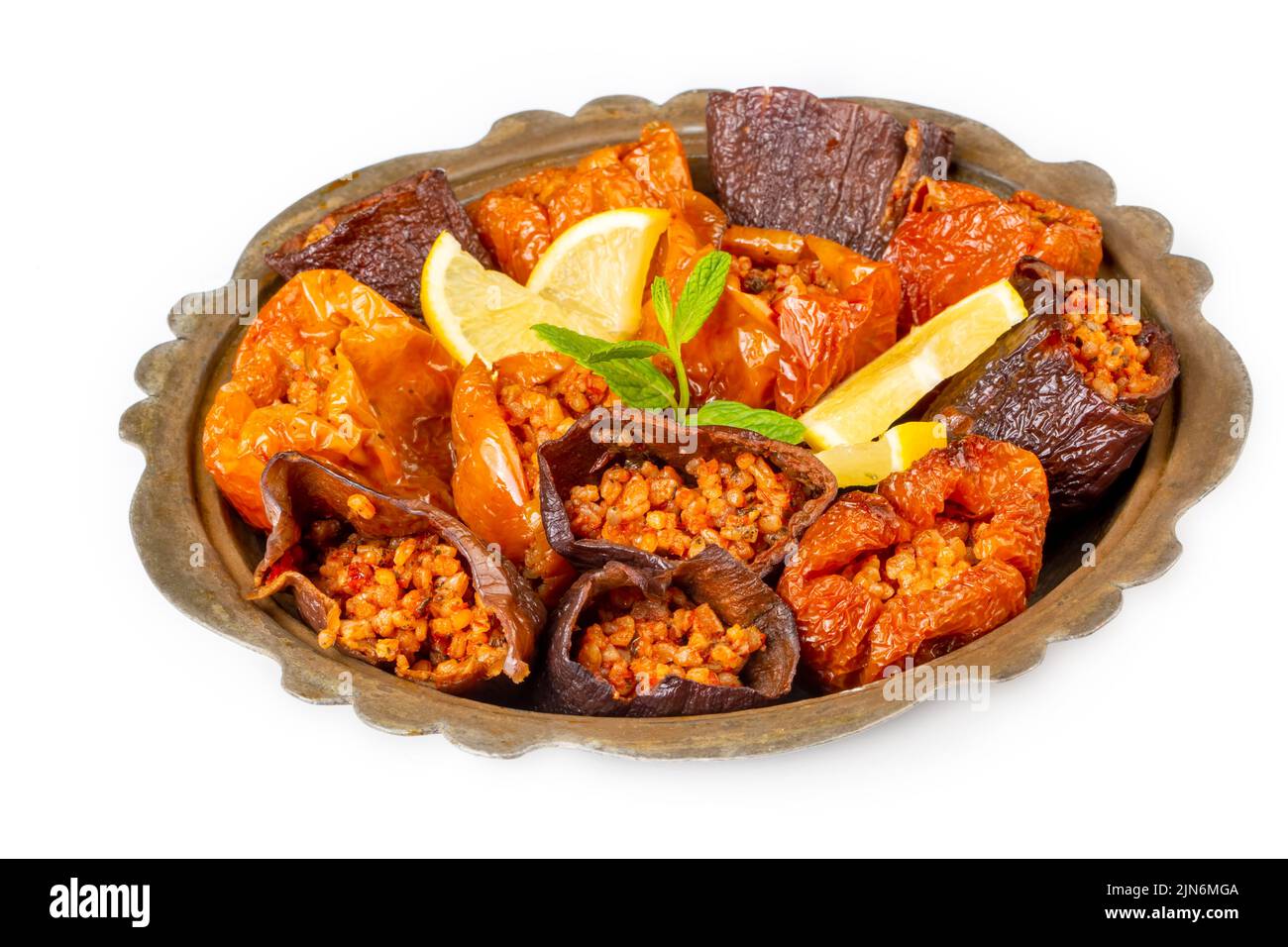 Dried eggplant stuffed and dried pepper stuffed with rice, tomato and ...