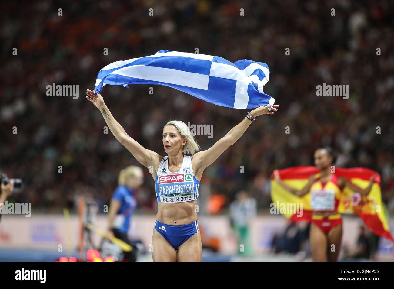 Paraskevi Papachristou with the flag of his country at the European ...