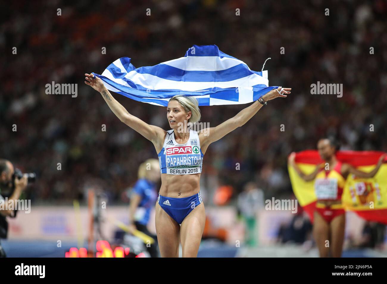 Paraskevi Papachristou with the flag of his country at the European ...