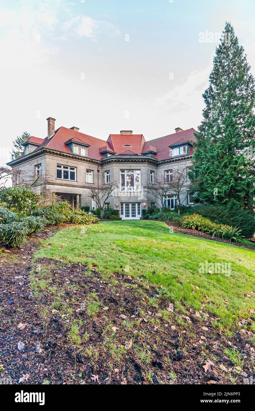 View uphill from the grounds of the Pittock Mansion in Portland, Oregon ...