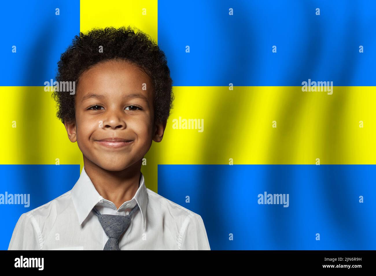 Swedish kid boy on flag of Sweden background. Education and childhood ...