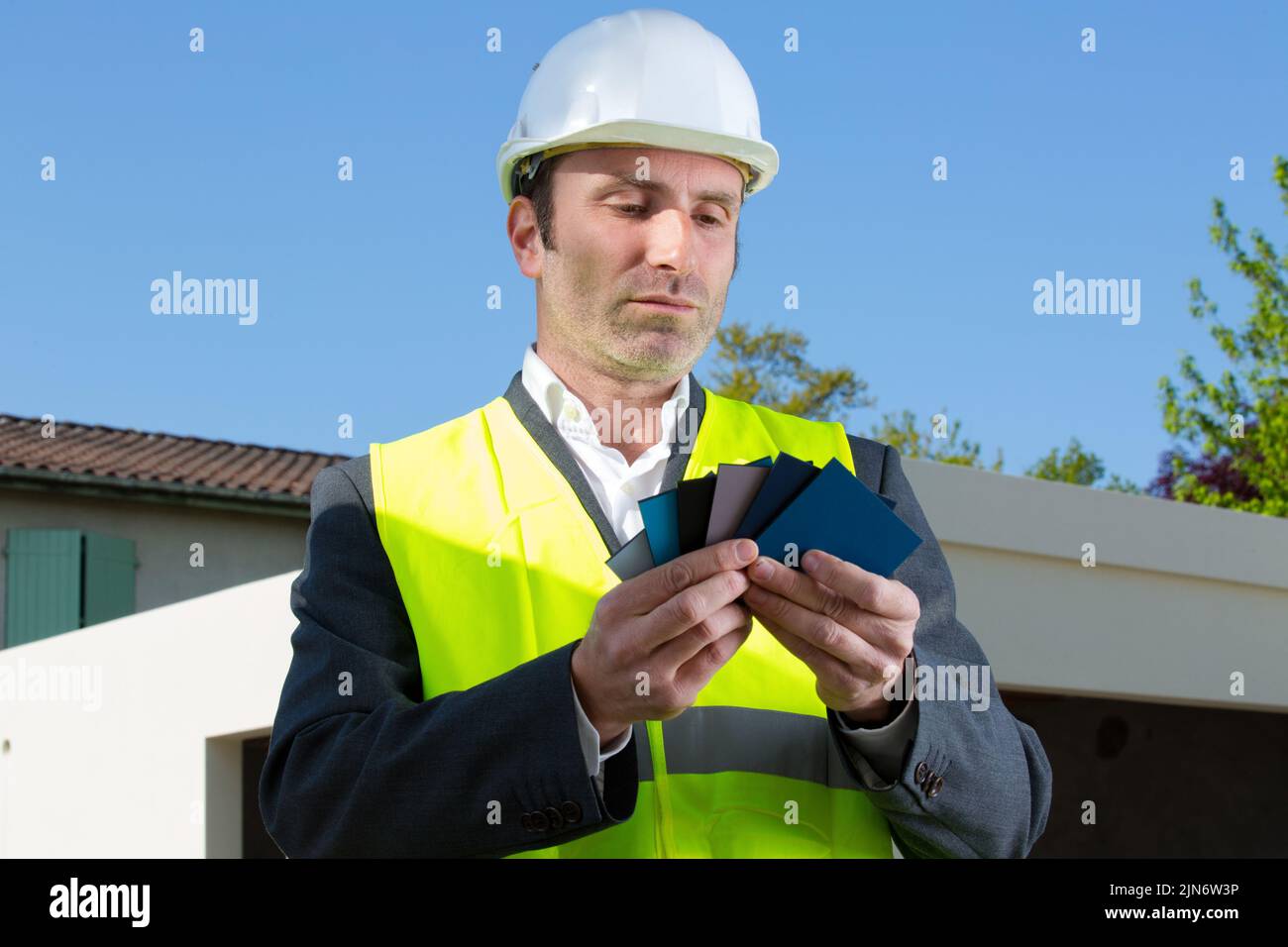 elegant architect choosing color for painting walls Stock Photo - Alamy